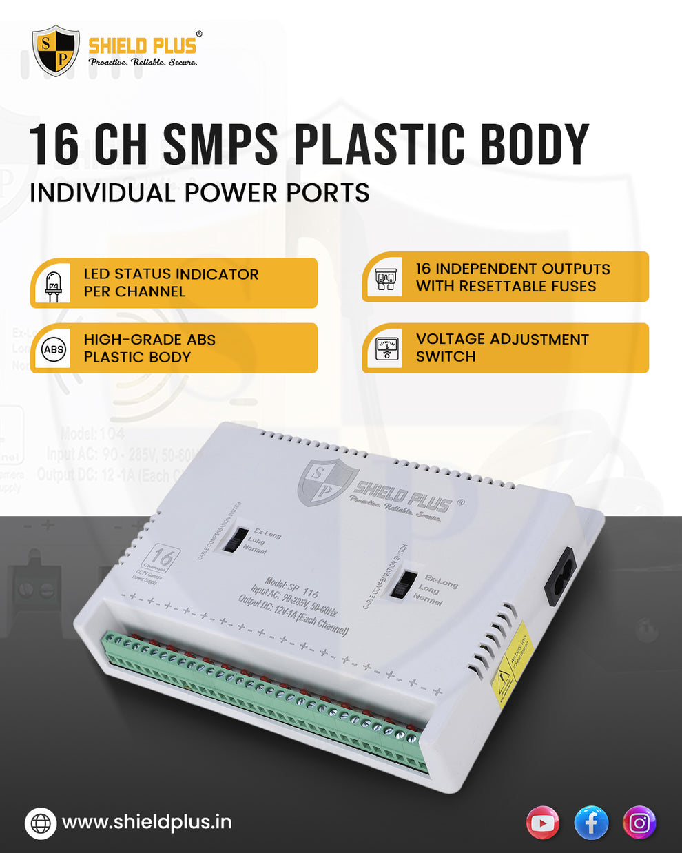 SP - 16 CH SMPS PLASTIC BODY ( INDIVIDUAL POWER PORTS ) – Shield Plus