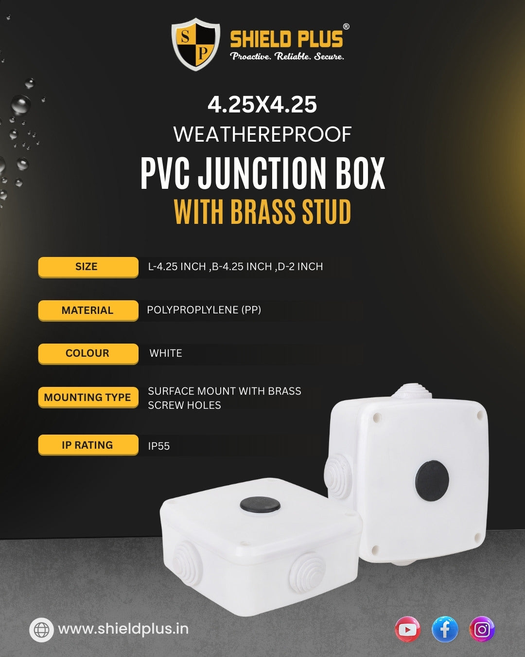 SP-4.25*4.25 WEATHERPROOF PVC JUNCTION BOX WITH BRASS STUD – Shield Plus